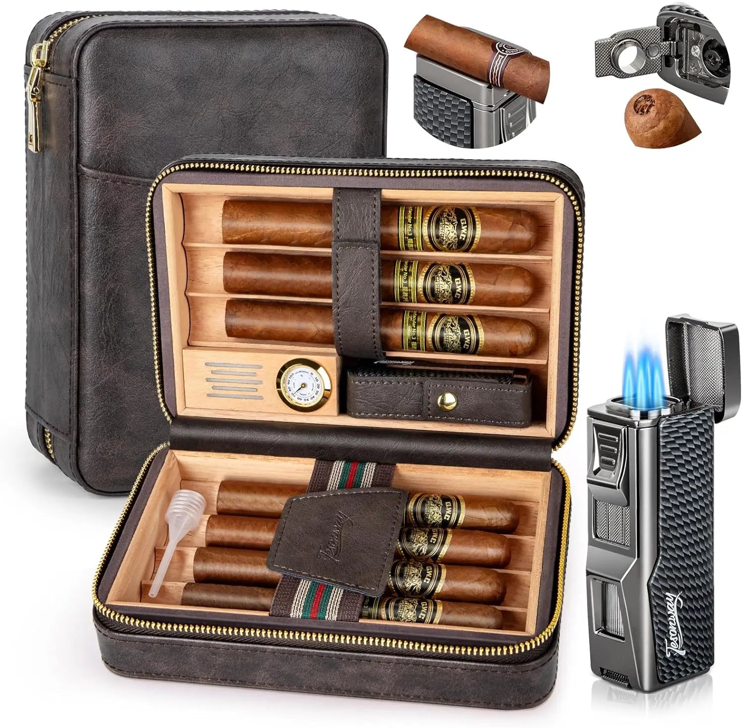 Luxury Leather Cigar Travel Set: Humidor and 4 Jet Torch Lighter w bul