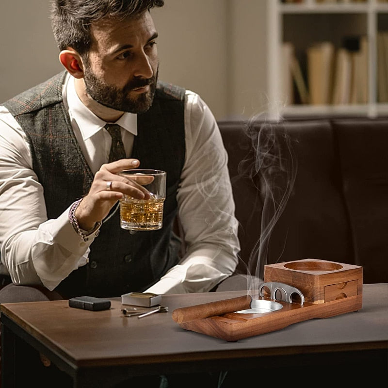 Wooden Cigar Coaster - Whiskey Glass Tray - Ashtray - Cigar Cutter & A