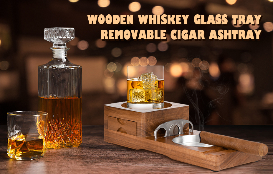 Wooden Cigar Coaster - Whiskey Glass Tray - Ashtray - Cigar Cutter & A