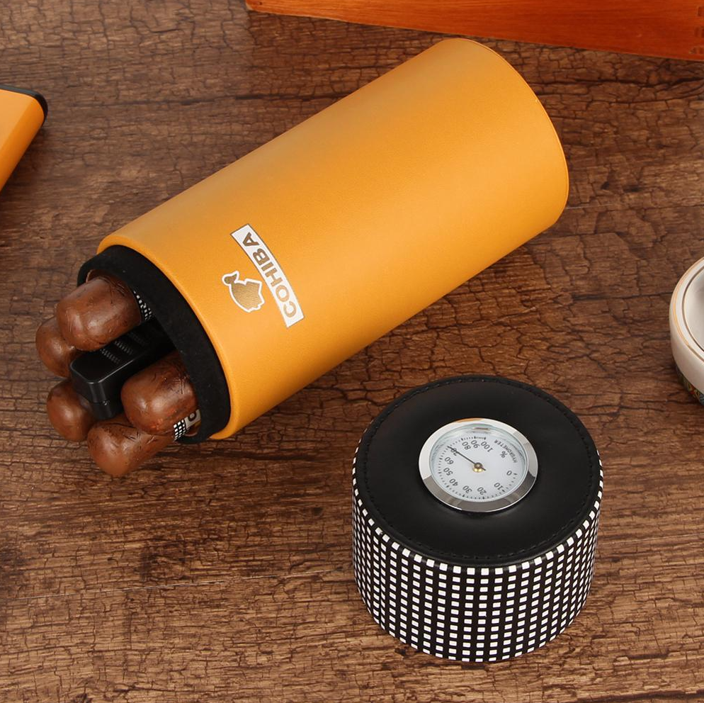 Leather Travel Cigar Humidor Tube w/Humidifier Hygrometer - holds 5-8